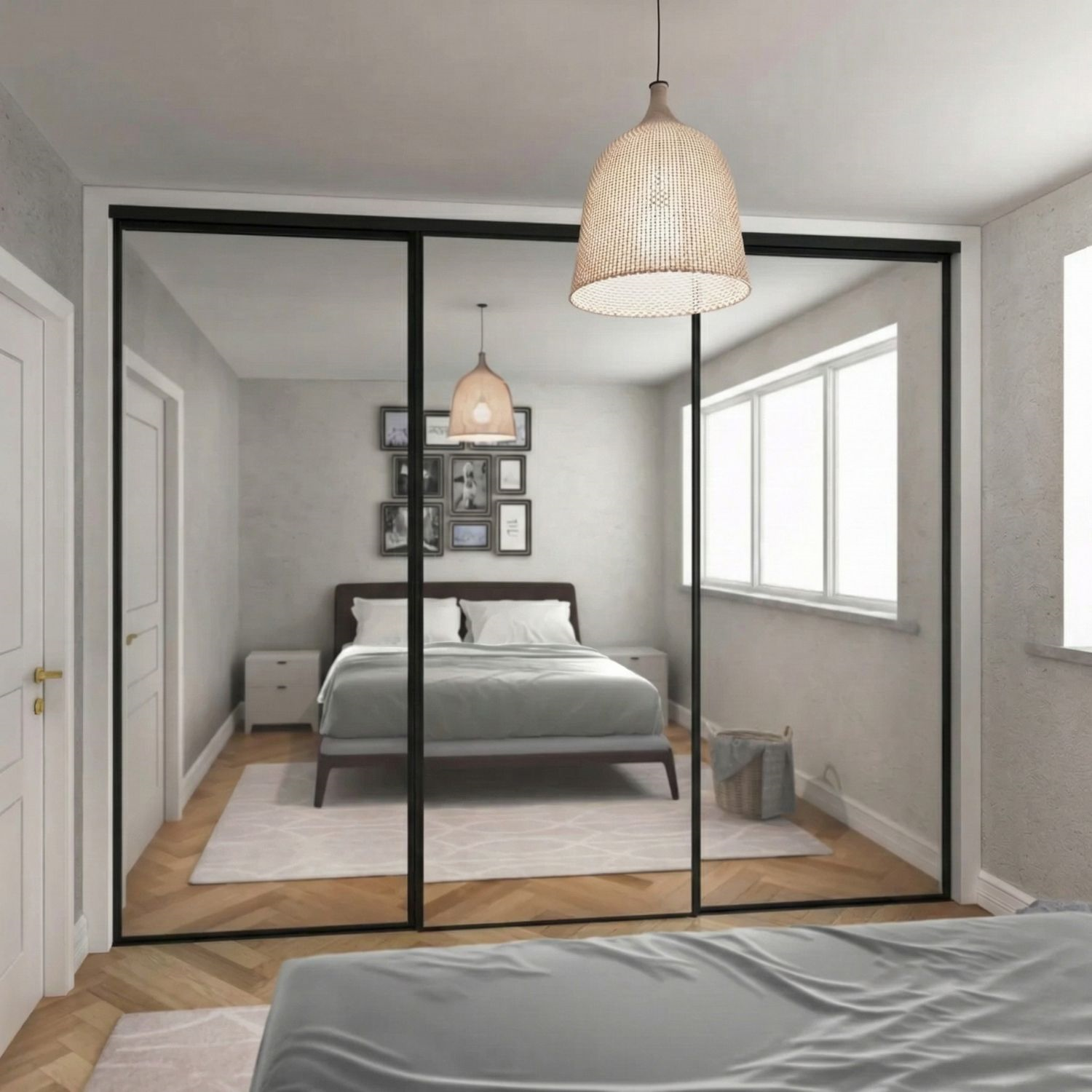 Classic Mirror Sliding Wardrobe Door Kit 3 Panels with Black Steel Fra ...