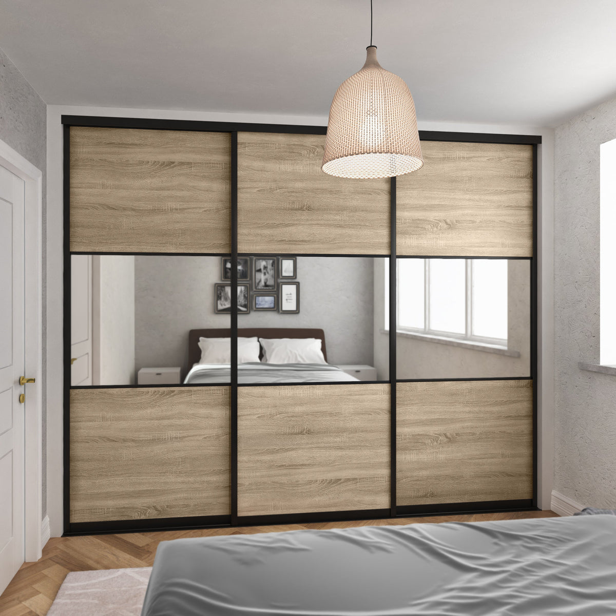 Curve Sliding Wardrobe Door Kit Grey Oak 3-Door Mirror with Brushed Bl ...
