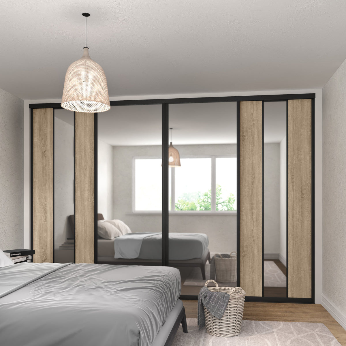 Curve Sliding Door Wardrobe Kit Grey Oak 4-Door Mirror Brushed Black F ...