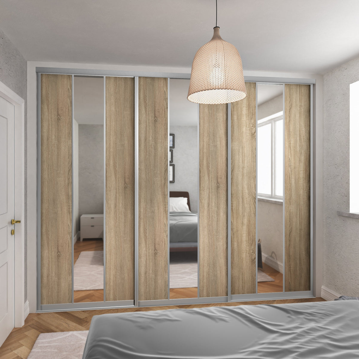 Supreme Satin Silver Frames with Bardolino Oak & Mirror Sliding Door K ...