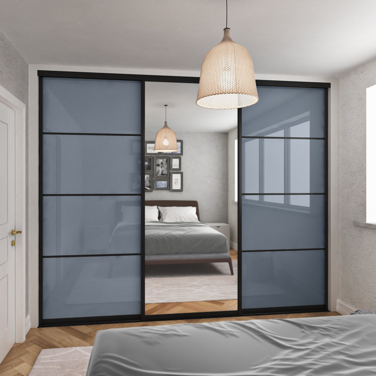 Curve Matt Black with Blue Glass & Mirror Sliding Door Wardrobe Kit 3D ...