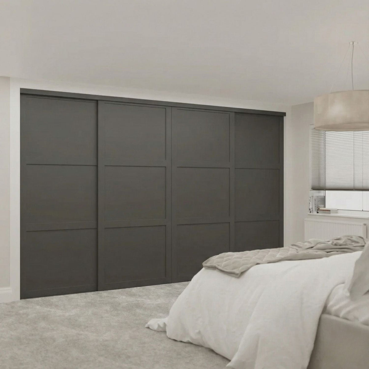 Shaker Graphite Grey Wood Sliding Door Wardrobe Kit 4 Panel – Bedrooms Plus