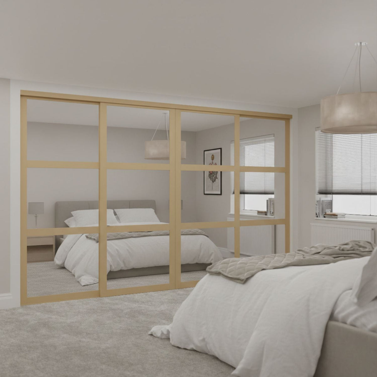 Shaker Mirror 4 Door Sliding Door Wardrobe Kit with Light Oak Steel Fr ...