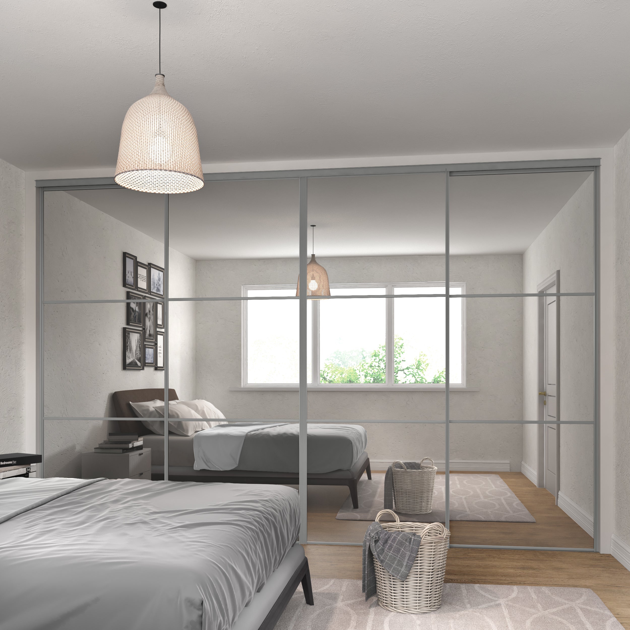 Silver Frame Heritage Sliding Door Wardrobe Kit - 4 Door 3 Panel Mirro