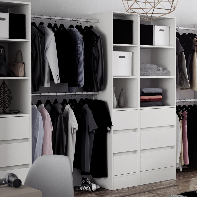 White 3 Drawer Wardrobe Shelving Unit with Hanging Bars – Bedrooms Plus